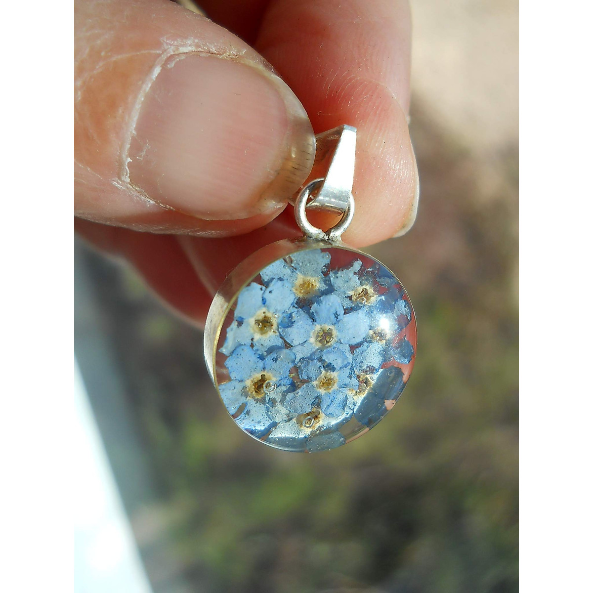 Sterling Silver Big Round Dried Pressed Flower Pendant Blue forget me not