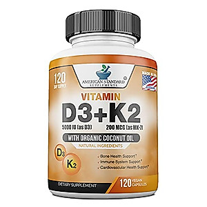 Vitamin D3 K2 (MK-7), Vitamin D3 (5000IU) + K2 (MK-7) 200mcg w/ Organic Coconut Oil, Vitamin D3 + K2, Vitamin D3 + K2, Vitamin K2 D3, Immune & Bone Health, No Fillers, Made in USA, 120 Veggie Capsule