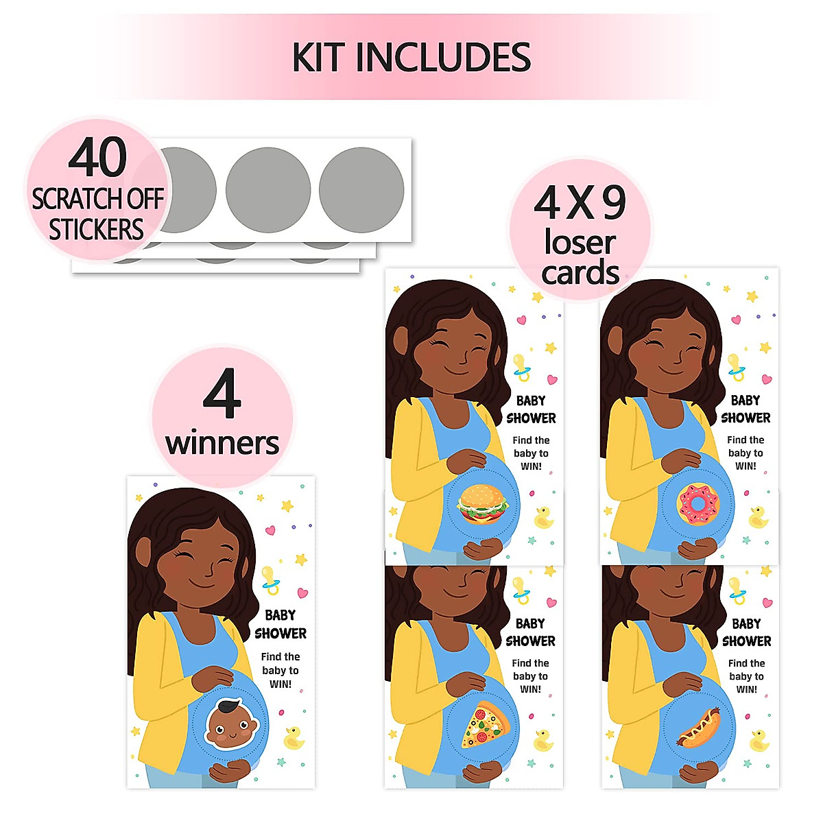 Baby Shower Games - Find The Baby Boy To Win - Baby Shower Lottery Tickets Games Door Prizes Scratch off Cards Games, 4 Winners 4 Different Loser Card Designs, 40 Cards