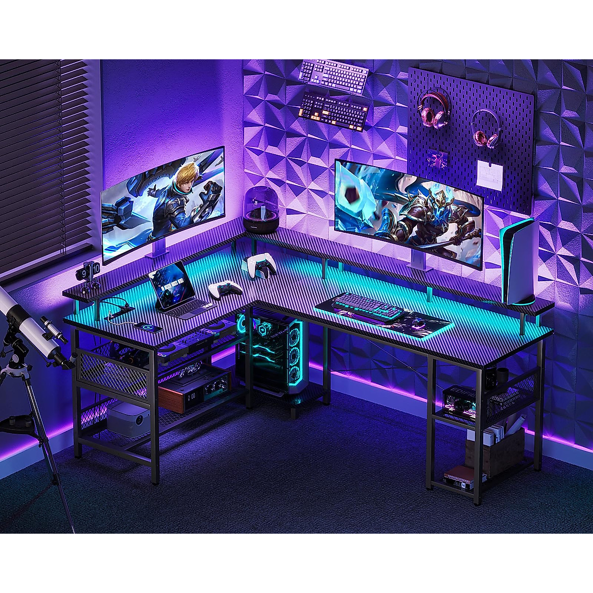 ODK 59" L Shaped Gaming Desk with Power Outlet and LED Lights, PC Gaming Table with USB Ports, Reversible L Shape Desk with Storage Shelves & Monitor Stand, Home Office Desk, Black Carbon Fiber