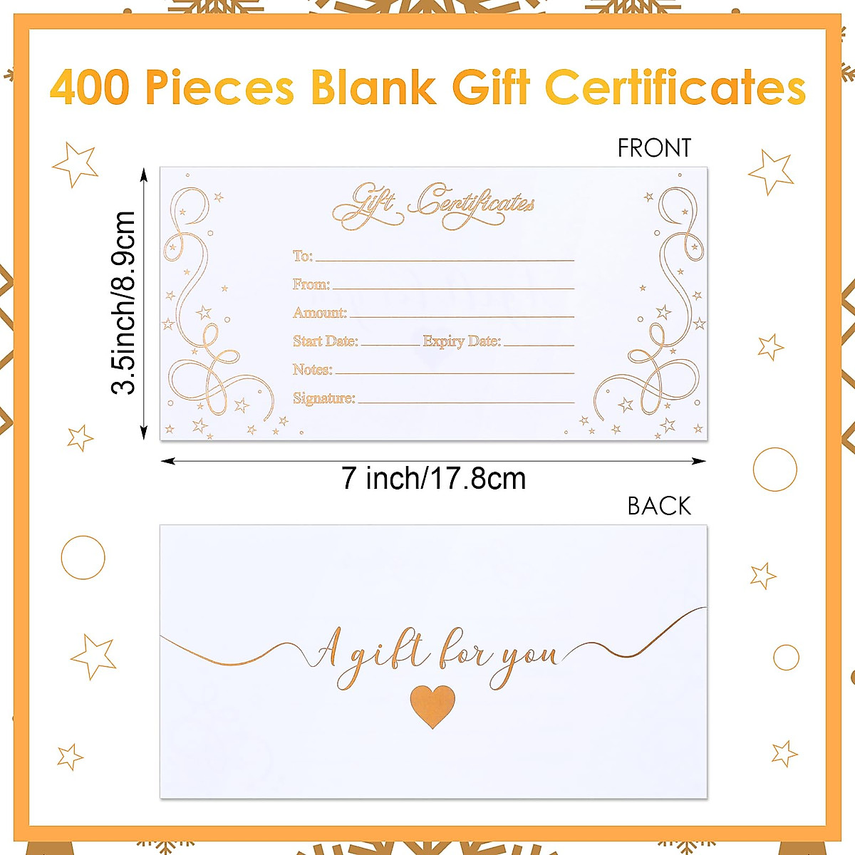 Colarr 400 Pieces Blank Gift Certificates for Business Gold Present Cards Vouchers Gift Certificate Cards for Spa Beauty Salon Restaurant Christmas Wedding Bridal Birthday Holder, 3.5 x 7 Inch