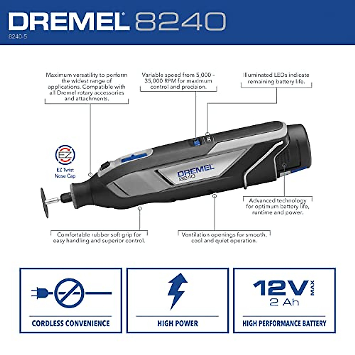 Dremel 8240 12V Cordless Rotary Tool Kit with Variable Speed and Comfort Grip - Includes 2AH Battery Pack, Charger, 5 Accessories & Wrench, Tool Fabric Carry Bag, and Instruction Manual
