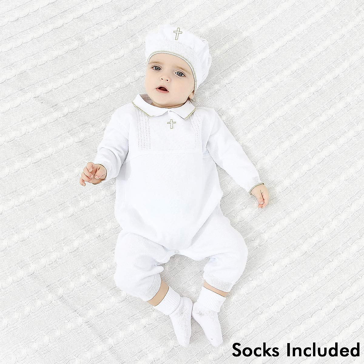 HAPIU Baby Boy Baptism Outfit with Hat Christening Outfit-Cross Detail, 6-9M, Pure White