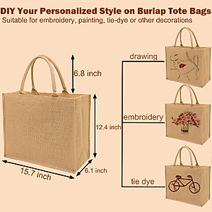 RSLUX Jute Burlap Tote Bag with Laminated Interior and Cotton Handle, Reusable Grocery Shopping Bag Bulk, Plain Bag Craft Embroidery Painting Decoration DIY,Women Wedding, Party, Gift Bag 6Packs