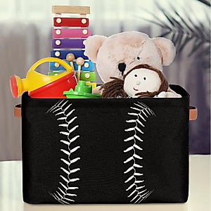 Black Baseball Storage Bin Basket, Softball Large Toys Storage Cube Box with Handles, Collapsible Laundry Basket Rectangular Waterproof Storage Organizer Bin for Nursery Bedroom Shelves Gift Basket