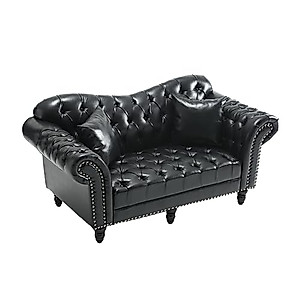 Morden Fort Chesterfield Sofa Faux Leather Loveseat, Luxurious 69" W Tufted Upholstered Loveseat Faux Leather Couch Furniture with Pillows, Wooden Leg for Living Room, Bedroom (Black)