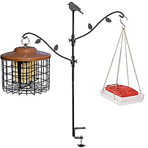 FEED GARDEN Deck Bird Feeder Pole, 42 Inches, Multiple Hooks, Adjustable, Detachable, Heavy Duty Steel, Stable, Black, Porch for Deck Kit for Outside Bird Feeder and Plant Hangers