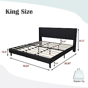 Gruwans Upholstered Bed Frame King with Wingback Headboard/No Box Spring Needed/Wooden Slat Support/Easy Assemble/Black