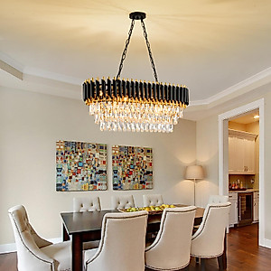 AKDXIRUN Modern Crystal Chandeliers for Dining Room 8-Light Black and Gold Chandelier Living Room Oval Contemporary Ceiling Hanging Light Pendant Light Fixture for Kitchen Island Bar L32 inch