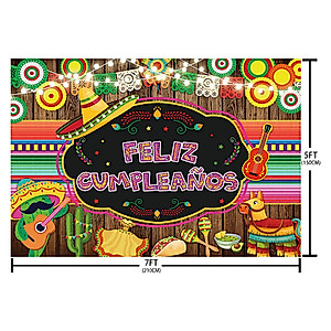 AIBIIN 7x5ft Feliz Cumpleaños Backdrop Mexican Fiesta Happy Birthday Party Decorations Cinco De Mayo Taco Retro Wood Photography Background Festival Colorful Flags Flowers Banner Photo Shoot Props