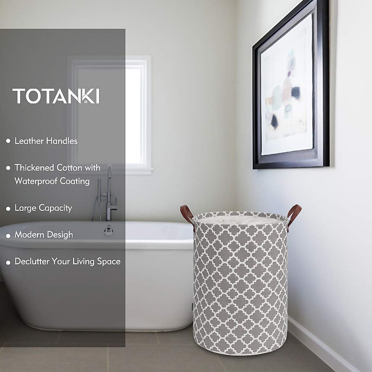 TOTANKI 60L Large Laundry Basket with Durable Leather Handle, Thickened Drawstring Round Collapsible Laundry Hamper, Dirty Clothes Storage Basket for Bedroom, Bathroom, College Dorm (Grey, L)