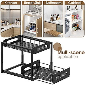 SHCAPENM Under Sink Organizers and Storage, 2 Tiers Bathroom Under Sink Organizers with Sliding Drawer Under Cabinet Basket Organizer Black for Bathroom Kitchen Countertop