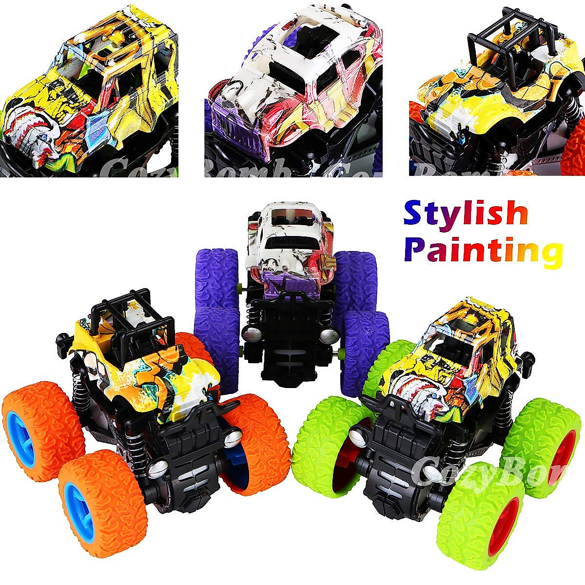 CozyBomB Friction Powered Monster Trucks Toys for Boys - Push and Go Car Vehicles Truck Playset, Inertia Vehicle, Kids Birthday Christmas Party Supplies Gift 3 Years Old (Orange,Purple,Green)