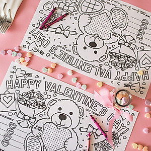 Tiny Expressions - Valentine's Day Coloring Placemats for Kids – Pack of 12 Disposable Paper Mats for Kids Table at Valentines Party, Includes Activities & Games for Kids