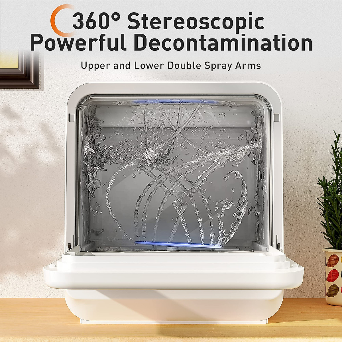 JOYOUNG Portable Countertop Dishwasher, 5L Built-in Water Tank, 5 Washing Programs with Air-Dry Function, 360° Dual Spray Arms, Compact Size and Large Capacity for a Family of 6