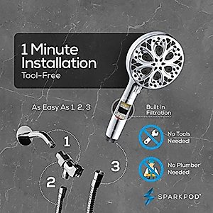 SparkPod 10-Mode Filtered Shower Head with Hose - 5" High Pressure Shower Heads with Filter - Handheld Shower Head Filter with Built-In Power Jet, Stainless 6ft Hose and Bracket (Polished Chrome)