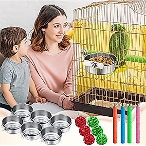 6 Pcs Bird Food Bowl Bird Feeding Dish Cups Stainless Steel Bird Water Feeder with Clamp 6 Rattan Balls and 4 Grinding Cage Perch Bird Toys Bird Perches for Budgies Parakeet Macaw Small Animals