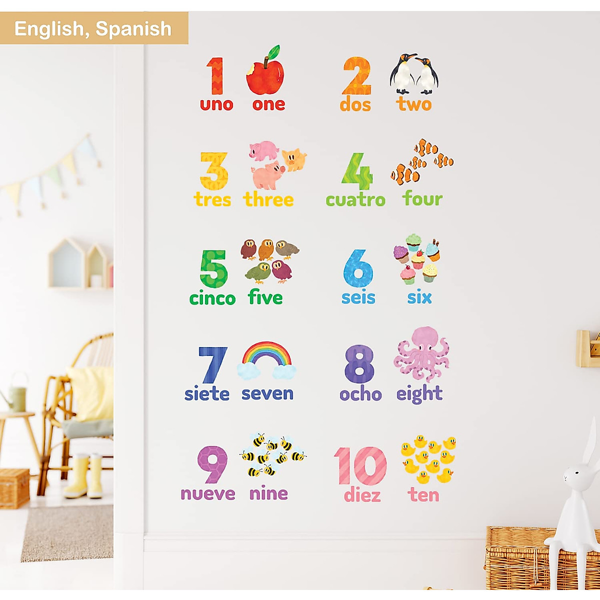 DECOWALL DS-2020ES Numbers Spanish + English Wall Decals Stickers Peel and Stick Removable Wall Stickers for Kids Nursery Bedroom Living Room