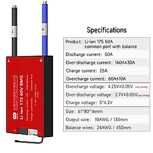 DALY BMS Li-ion 17S 60V 50A with Balance Wire and Temperature Sensor for Rated 3.7V Lithium Battery Power Bank Protection