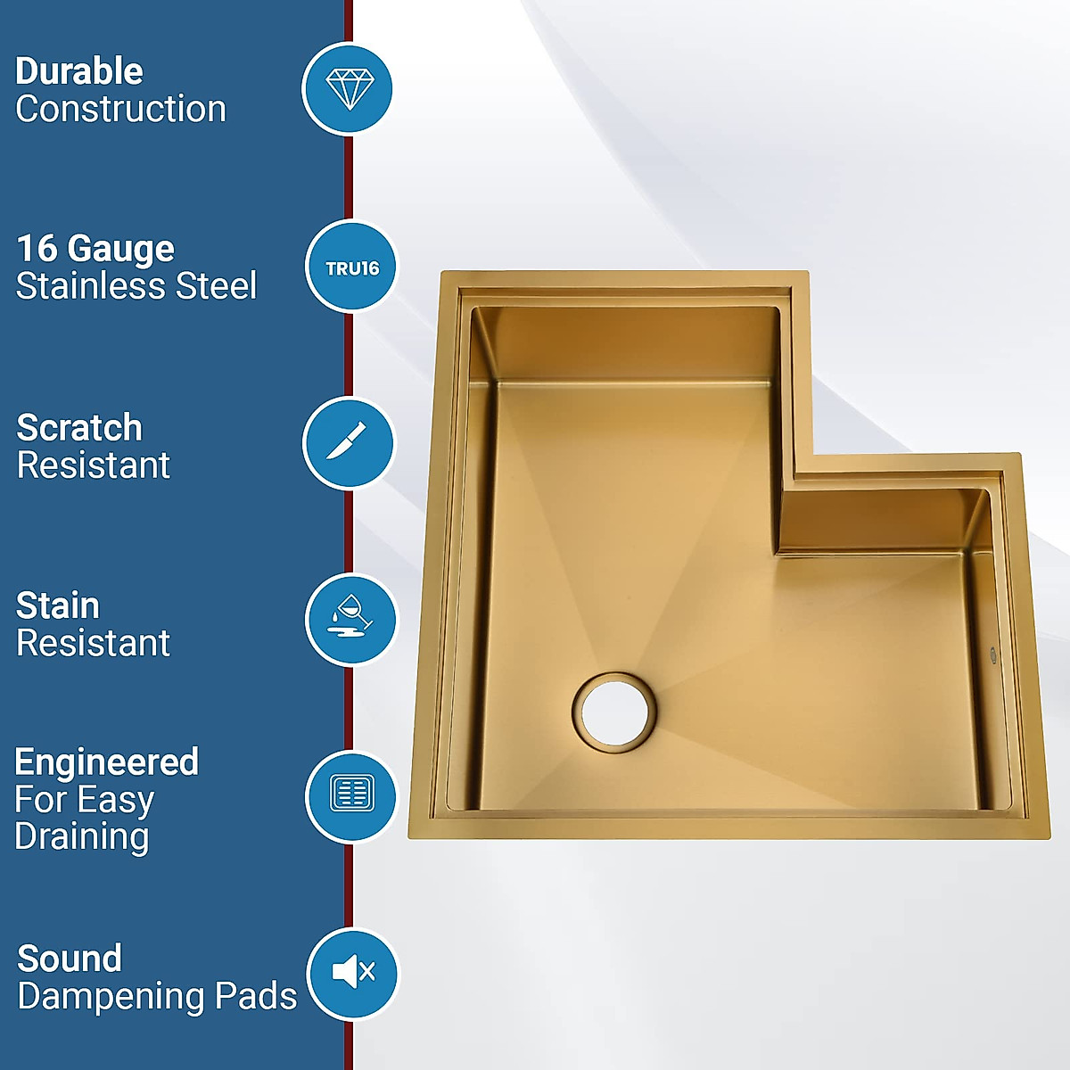 Strictly Sinks 30 Inch Corner Kitchen Sink Undermount - 16 Gauge Stainless Steel Sink Undermount, Scratch & Stain Resistant Corner Single Bowl Workstation Sink with Accessories (Gold)