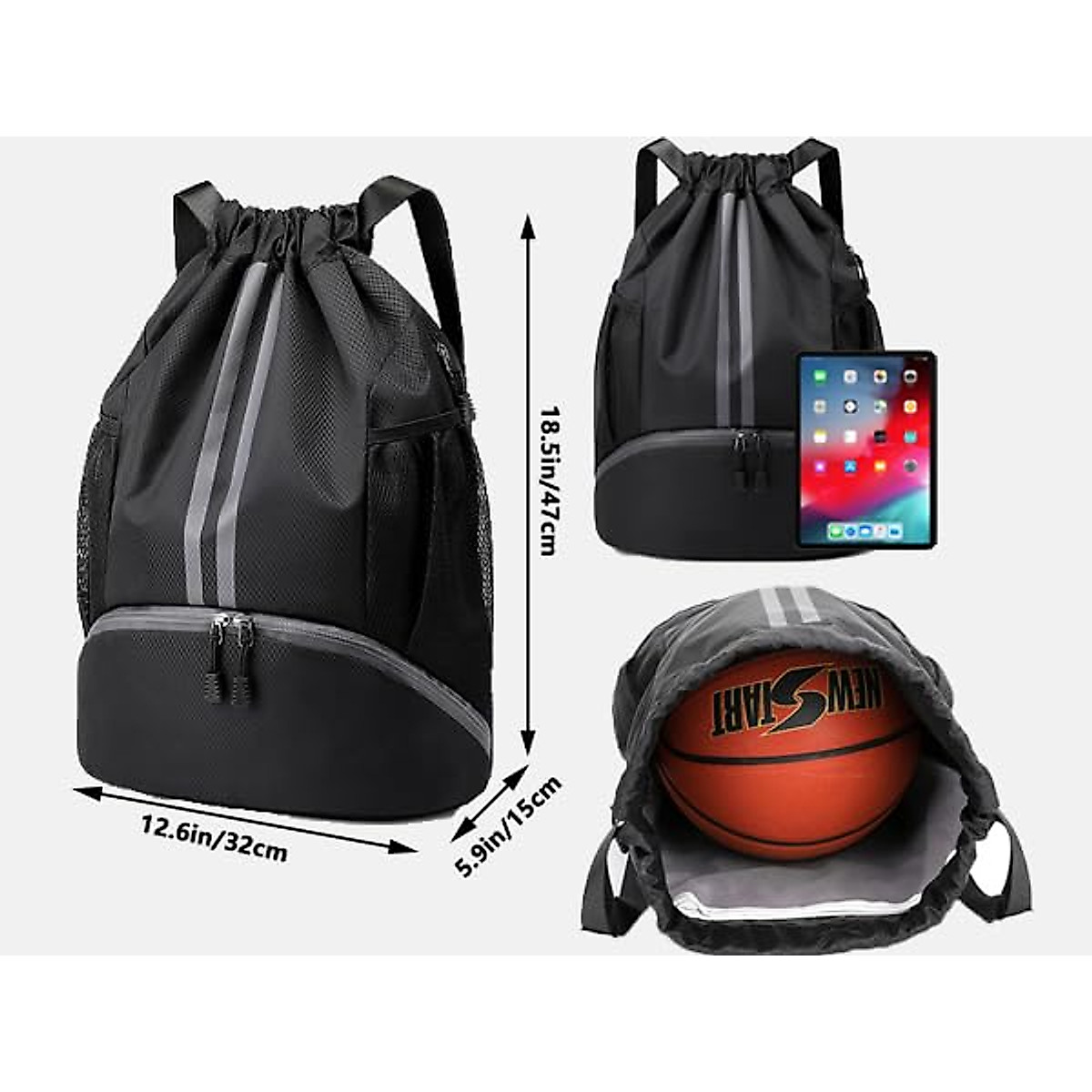 BRILISLE Drawstring Backpack Water-Resistant Sports Gym Bag for Women & Men with Shoes Compartment and Wet-Proof Pocket blkblu