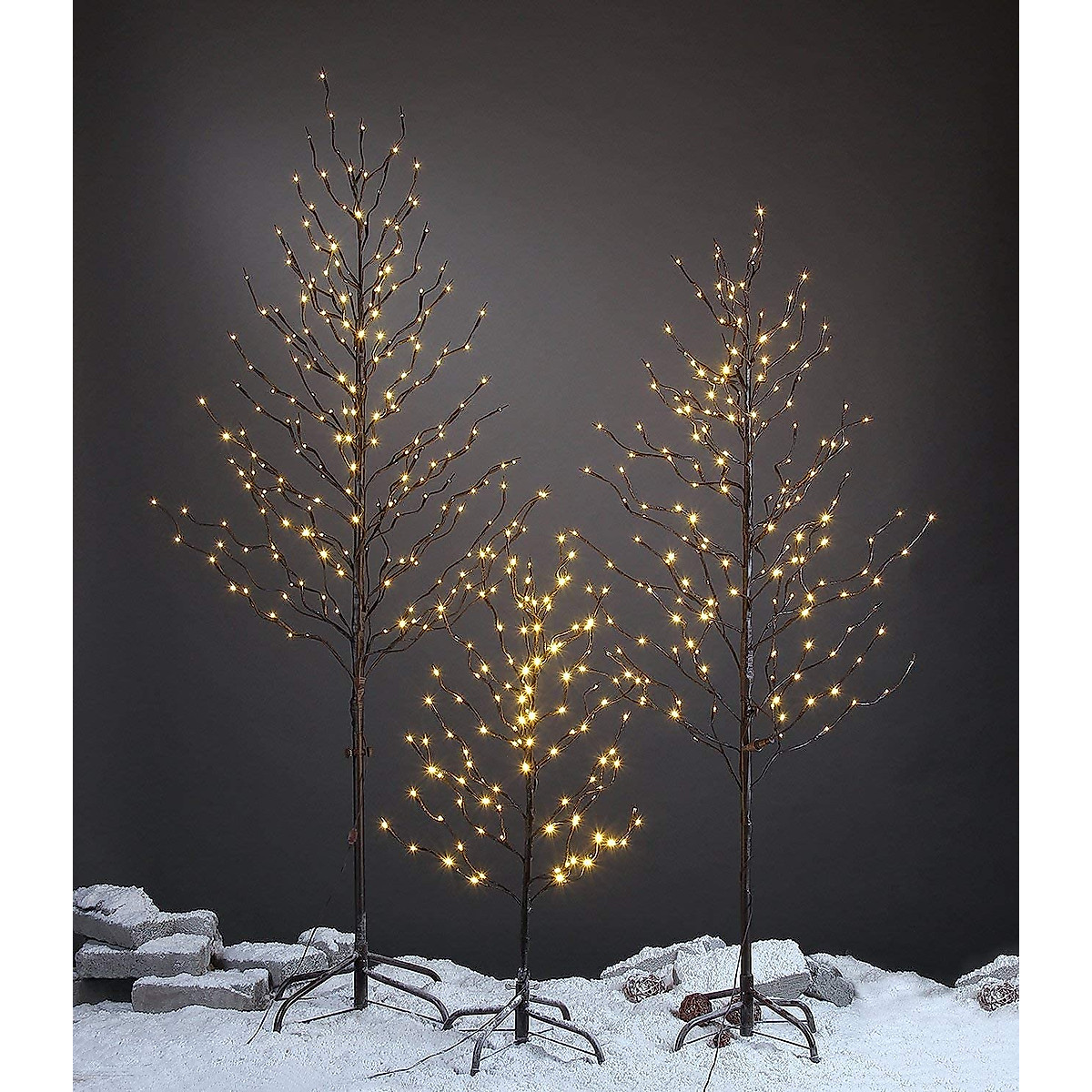 Lightshare Set of 3 Star Light Trees, Including 3 feet, 5 feet, and 6 feet, Warm White, Brown Branch