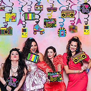 Bessmoso 28Pcs Back to The 80s Party Decorations 80's Party Hanging Swirls Decorations Retro Ceiling Streamers for 1980s Throwback Birthday Party 80s Neon Party Supplies