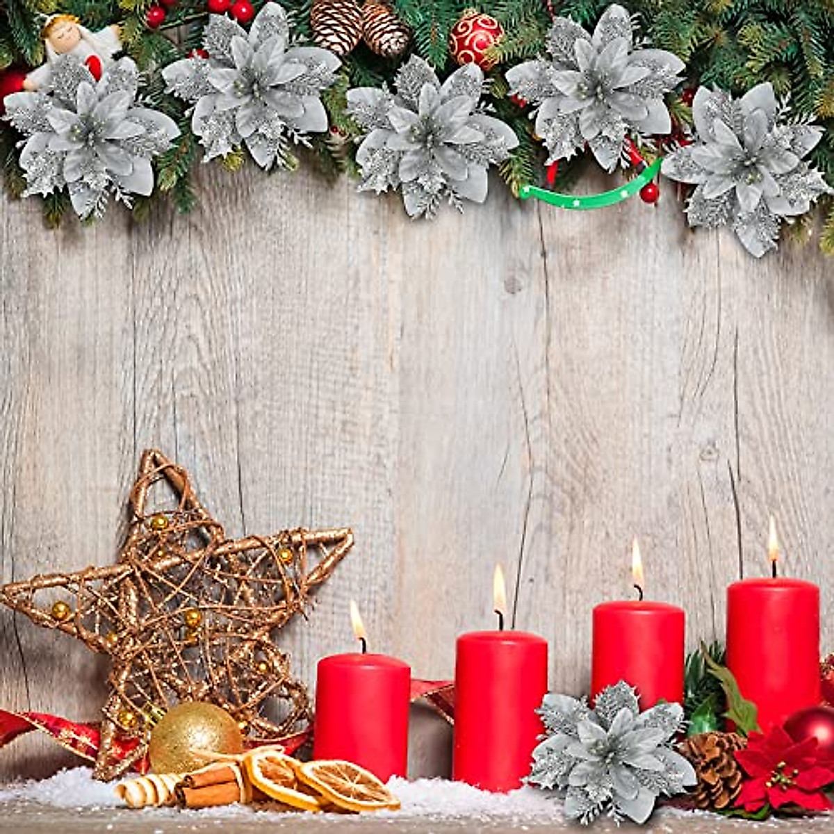 Vanleonet 12 PCS Christmas Glitter Artificial Poinsettia Flowers, Christmas Flowers Decorations, Glitter Poinsettia Tree Ornaments for Christmas Wreath Wedding Xmas Tree New Year Decorations