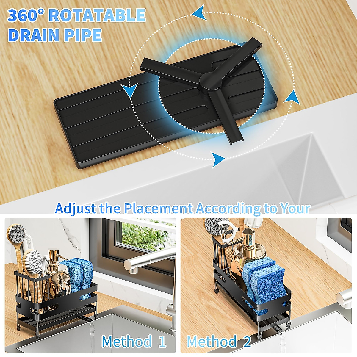 galasily Kitchen Sink Caddy Sponge Holder for Kitchen Sink with Brush Holder and Stainless Steel Self Drain Tray, Rustproof Kitchen Sink Organizer for Sponge, Kitchen Accessories (Black, Large)