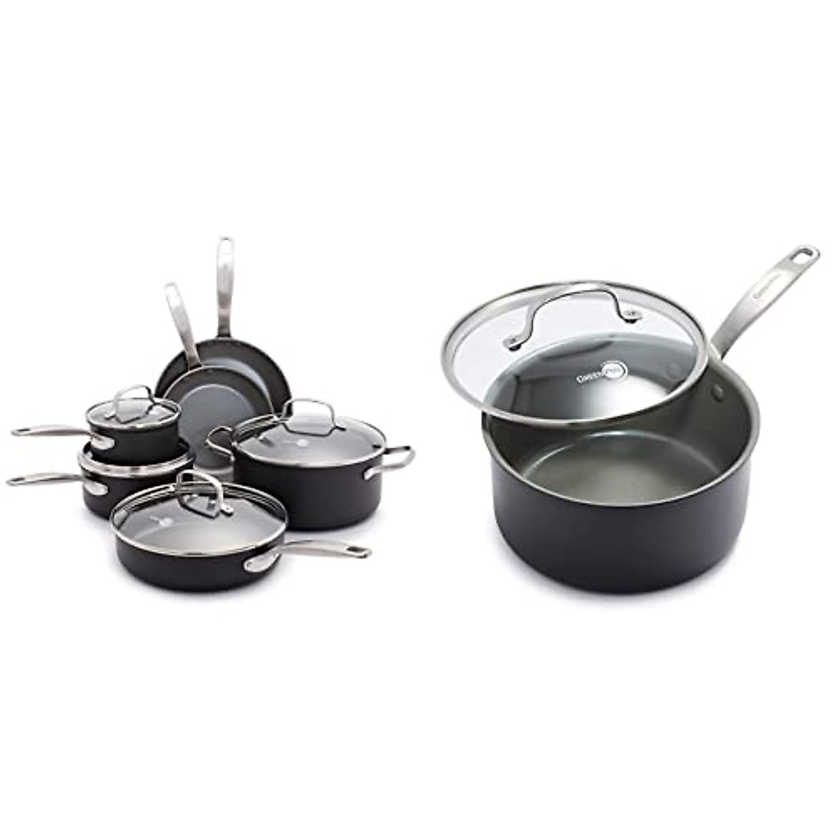 GreenPan Chatham Hard Anodized Healthy Ceramic Nonstick 10 Piece Cookware Pots and Pans Set, Gray & Chatham Hard Anodized Healthy Ceramic Nonstick, 3QT Saucepan Pot, Gray