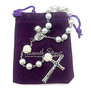 Nazareth Store White Pearl Beads Rosary Roses Mystery Beads Prayer Necklace Our Rose Lourdes Medal and Cross Crucifix