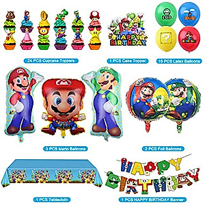 Mario Birthday Party Supplies, Birthday Decorations Set Include Banner Balloons Cake Cupcake Toppers Tablecloth for Boys Girls Video Game Theme Party
