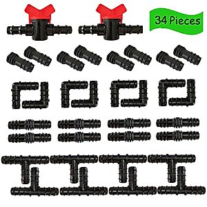 Drip Irrigation Fittings Kit, Irrigation Barbed Connectors for 1/2" Tubing 34 Piece - 2 Switch Valves, 8 Couplings, 8 Tees, 8 Elbows and 8 End Cap Plugs, Irrigation Water Hose Connector 1