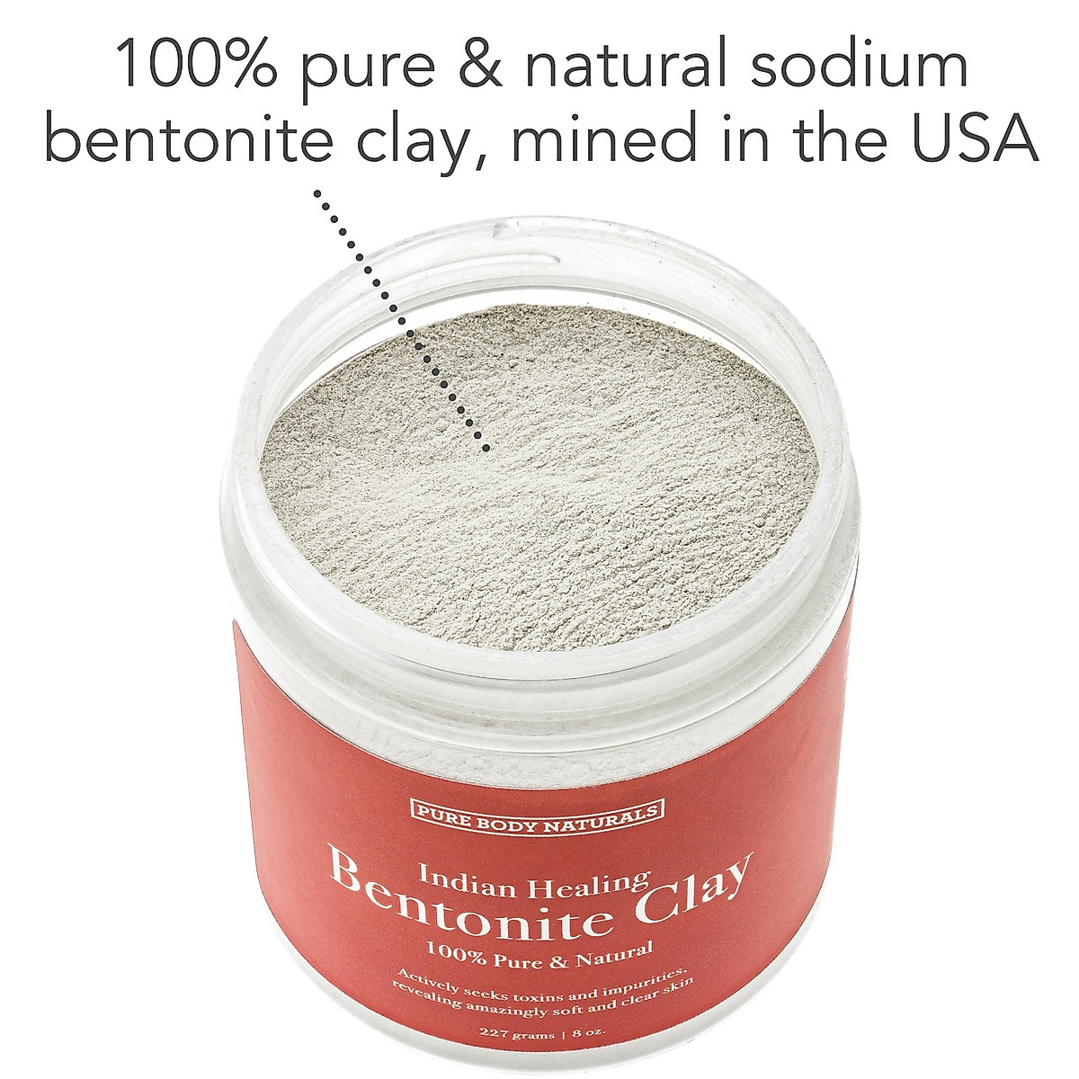 Pure Body Naturals Bentonite Clay Powder for DIY Detox Body & Face Mask, Pure Indian Healing Clay for Deep Pore Cleansing and Armpit Detox for Women, (8.0 oz)