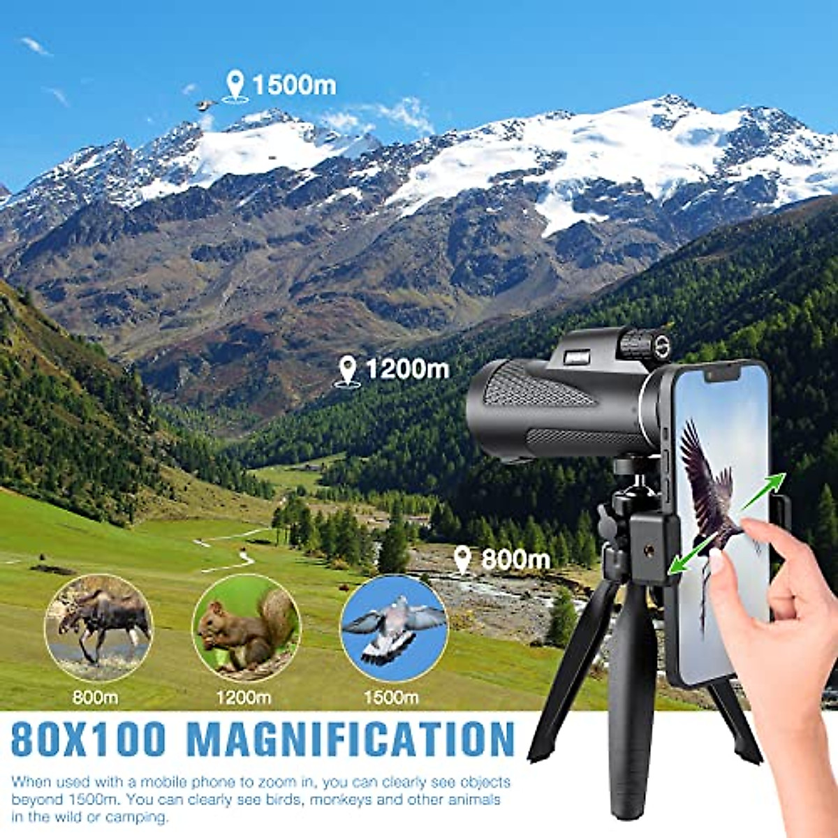 80x100 Monocular Telescope, Night Vision Monocular Telescope for Smartphone with Tripod, High Power Monocular for Adults,HD Monocular for Hiking Hunting Stargazing Bird Watching Travel Camping