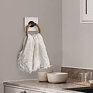 10 o'clock Rustic Rope Towel Ring - Wall Mounted Farmhouse Hand Towel Holder - for Bathroom with 6 x 6 Inch Rustic White Wood Backing and Industrial Pipe Accent