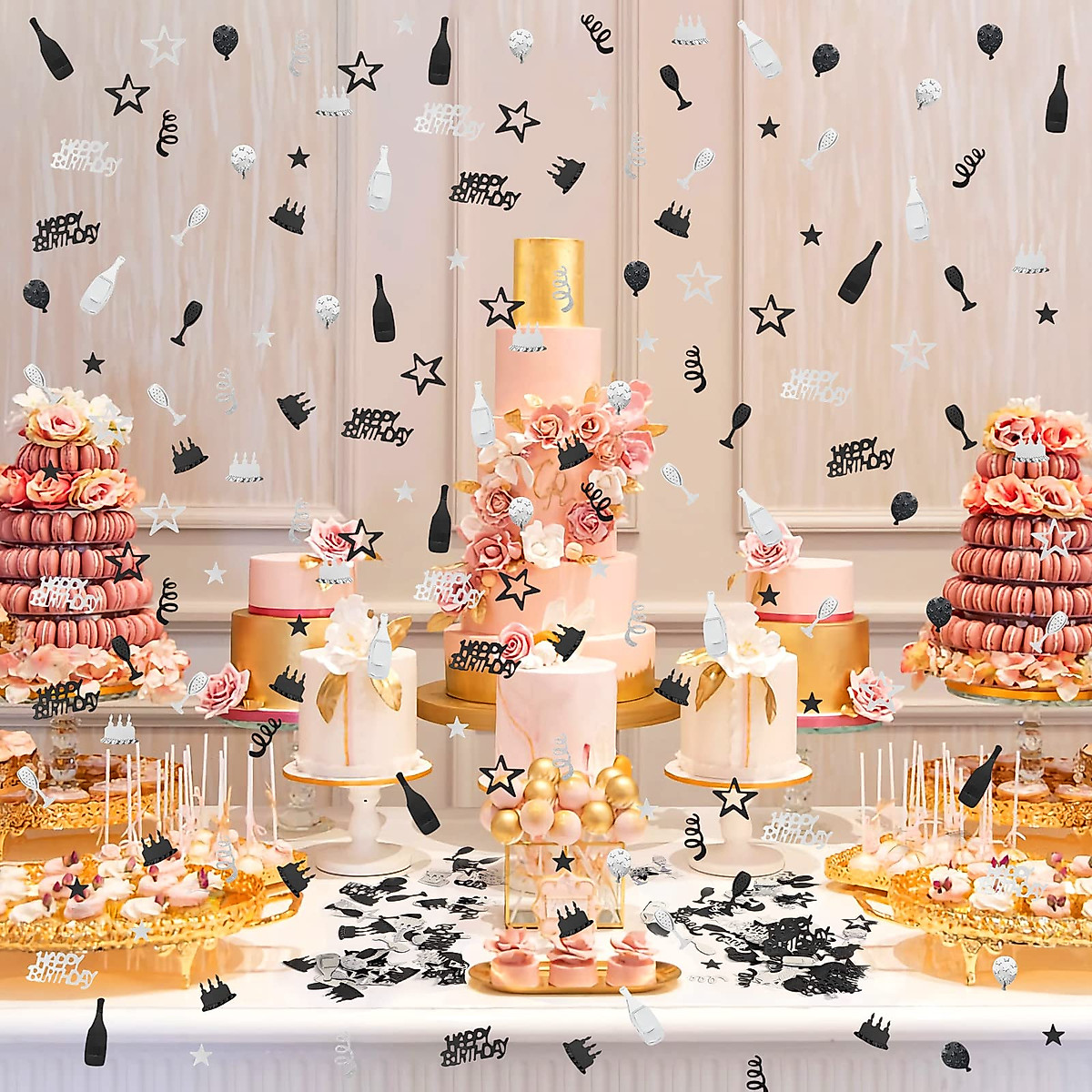 3000 PCS Black Silver Happy Birthday Confetti Black Silver Party Decorations Supplies Metallic Foil Stars Birthday Cake Balloon Confetti Table Scatter for Birthday Party Anniversary Baby Shower DIY