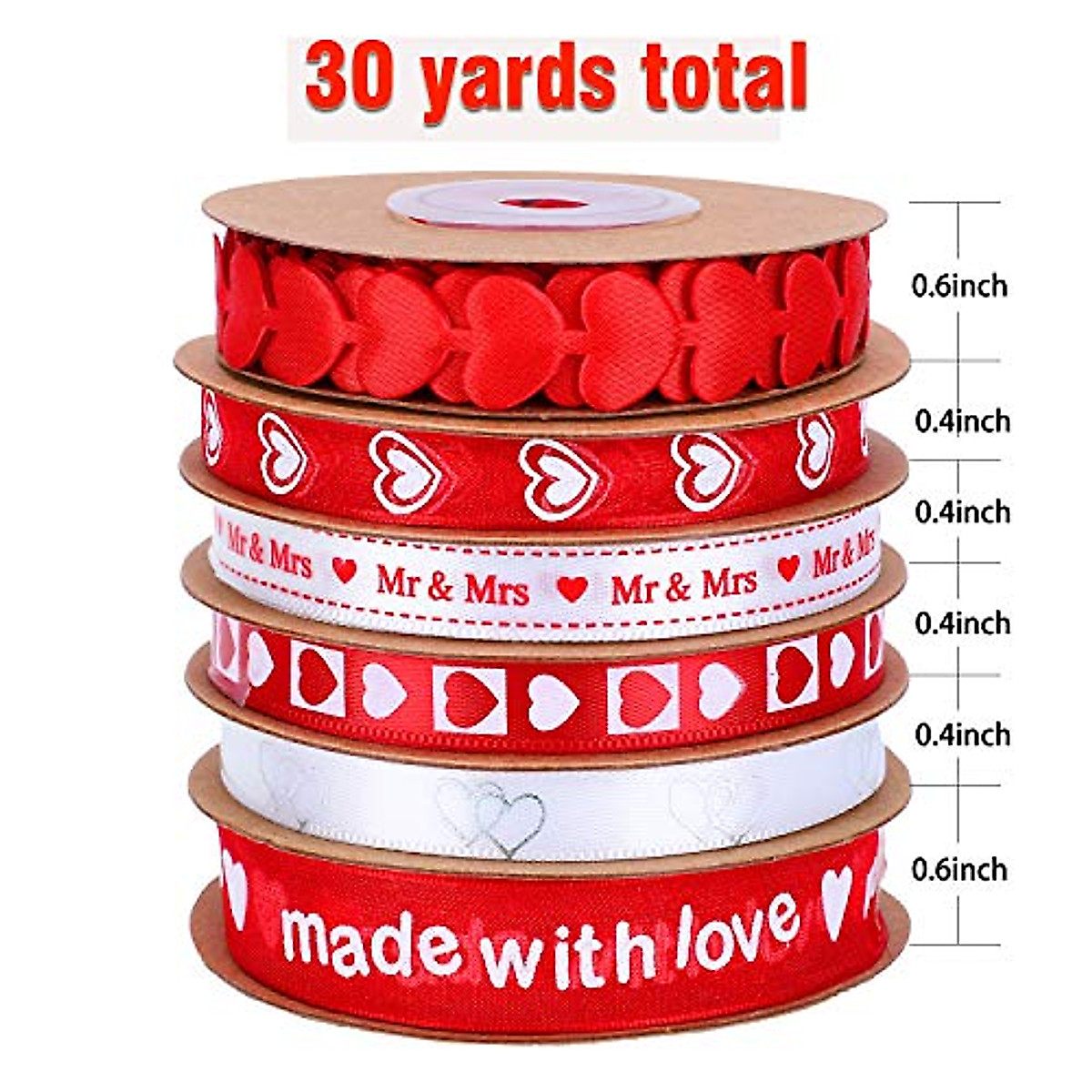 Zhanmai 6 Pieces Valentine's Day Ribbons Printed Heart Wired Ribbons Craft Satin Ribbons for Gift Wrapping DIY Supplies