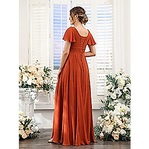 deamify Modest V Neck Flutter Sleeves Bridesmaid Dresses with Pockets Split Pleats Short Sleeves Sage Green Formal Dress for Women 10