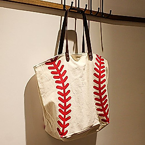 YIQIGO Baseball Bag Handbag for Woman Shopping Bag Travel Bag Canvas Casual Bag with Softball Varsity Gym Shoulder Handbag (Off White)