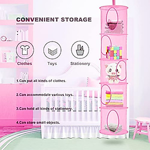 Libeder Mesh Hanging Storage Space Saver Bags Organizer,Foldable Storage Organizer 5 Compartments Toy Storage Basket for Kids Room Bathroom 2 Sets Pink