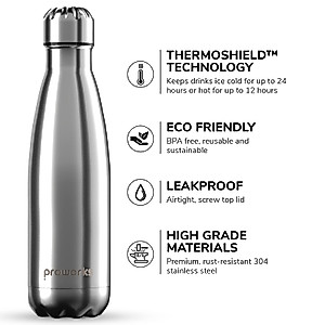 Proworks Stainless Steel Sports Water Bottle | Double Insulated Vacuum Flask for 12 Hours Hot & 24 Hours Cold Drinks - Great for Home, Work, Gym & Travel - BPA Free – Metallic Silver - 1L