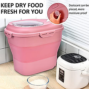 Panghuhu88 Foldable Rice Storage Container, 55 Lbs Large Pet Food Storage Container with Measuring Cup, Airtight Collapsible Dry Food Containers BPA-FREE (Pink)