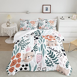 CVHOUSE Cat Bedding,Cartoon Cat Comforter Twin,Animals Print Comforter Set for Kids,Kawaii Quilt Set with 1 Comforter and 2 Pillow Cases