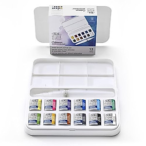 Winsor & Newton Cotman Watercolor Paint Set, 12 Half Pan w/ Water Brush Pen and Mixing Palette
