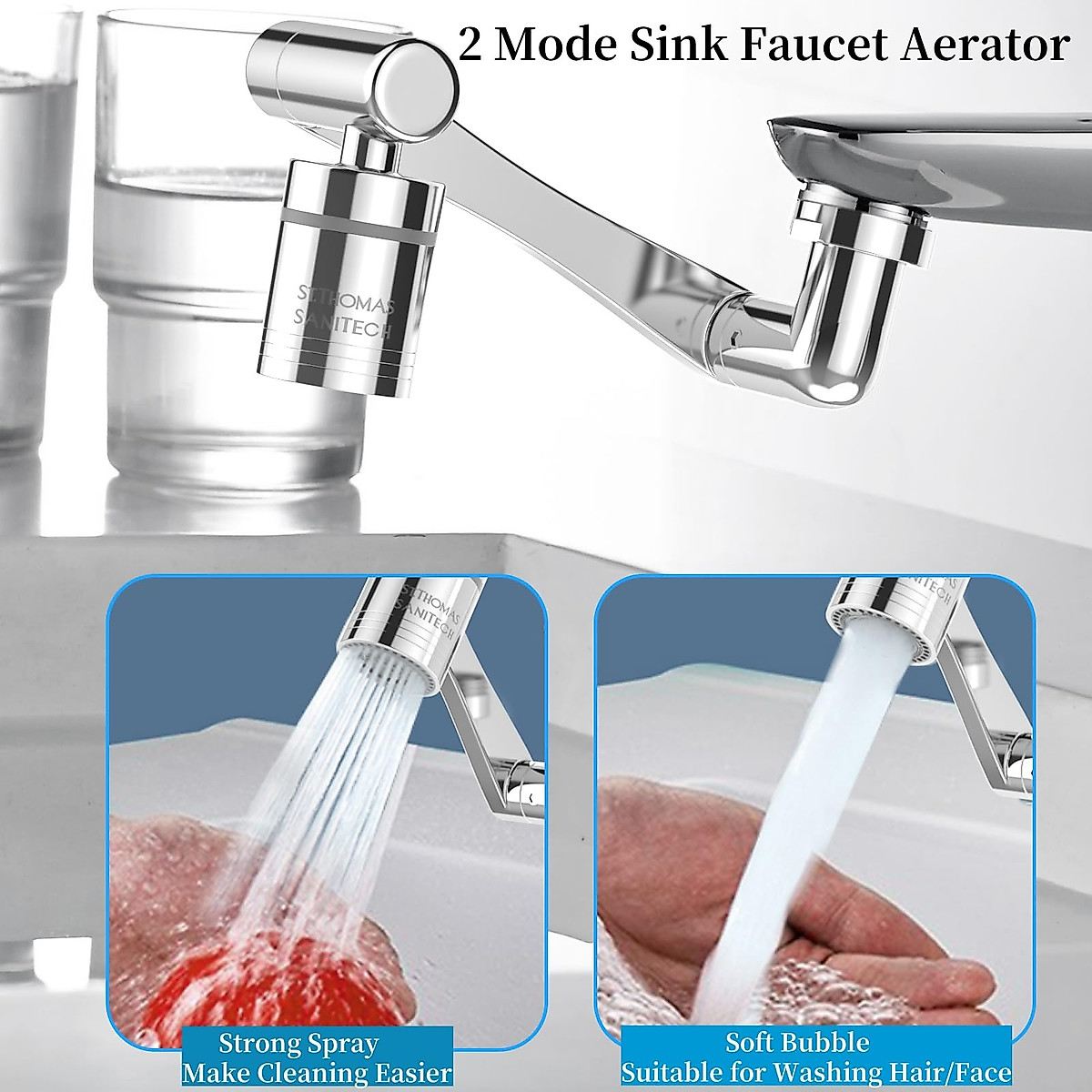 ST.THOMAS 1440°Swivel Faucet Extender,360° Swivel Robotic Arm Faucet Aerator,2 Sprayer Mode Kitchen Faucet Attachment Tap Head Replacement For Bathroom/Kitchen/Face/Kids Use