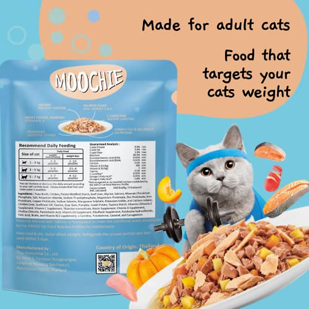 MOOCHIE Wet Cat Food - Weight Management - Grain Free Wet Cat Food - Minced Salmon & Prebiotics - No Added Preservatives or Artifical Flavoring - Adult Cat Food - 12 x 2.5oz Pouch