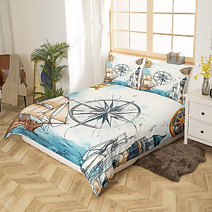 Nautical Sailboat Duvet Cover King Size,Compass Rudder Bedding Set,Kids Boys Girls Teens Adults,Sea Adventure Ocean Map Comforter Cover Sketch Navy Blue Beige Quilt Cover,1 Pillowcase(Not Comforter)