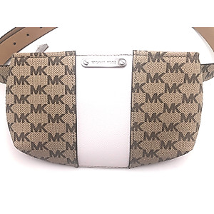 Michael Kors 556137C Brown/Khaki/White Logo Design With Silver Hardware Women's Adjustable Belt Bag Waist Pack (L/XL)