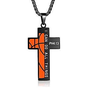 Susook Basketball Cross Necklace for Boys Bible Verse I CAN DO All Things Stainless Steel Sport Pendant for Men(Black)